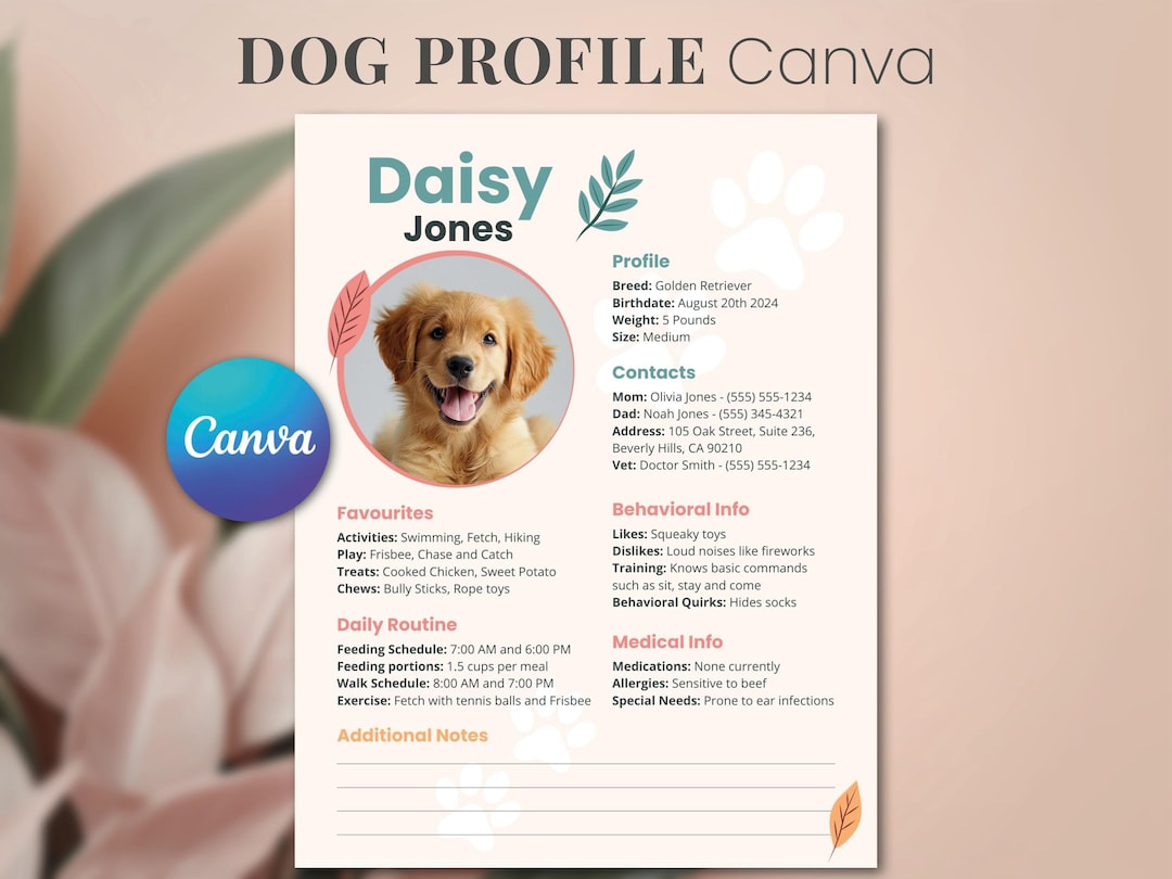 Pet Profile CANVA Template Printable Instant Digital Download Pet ...