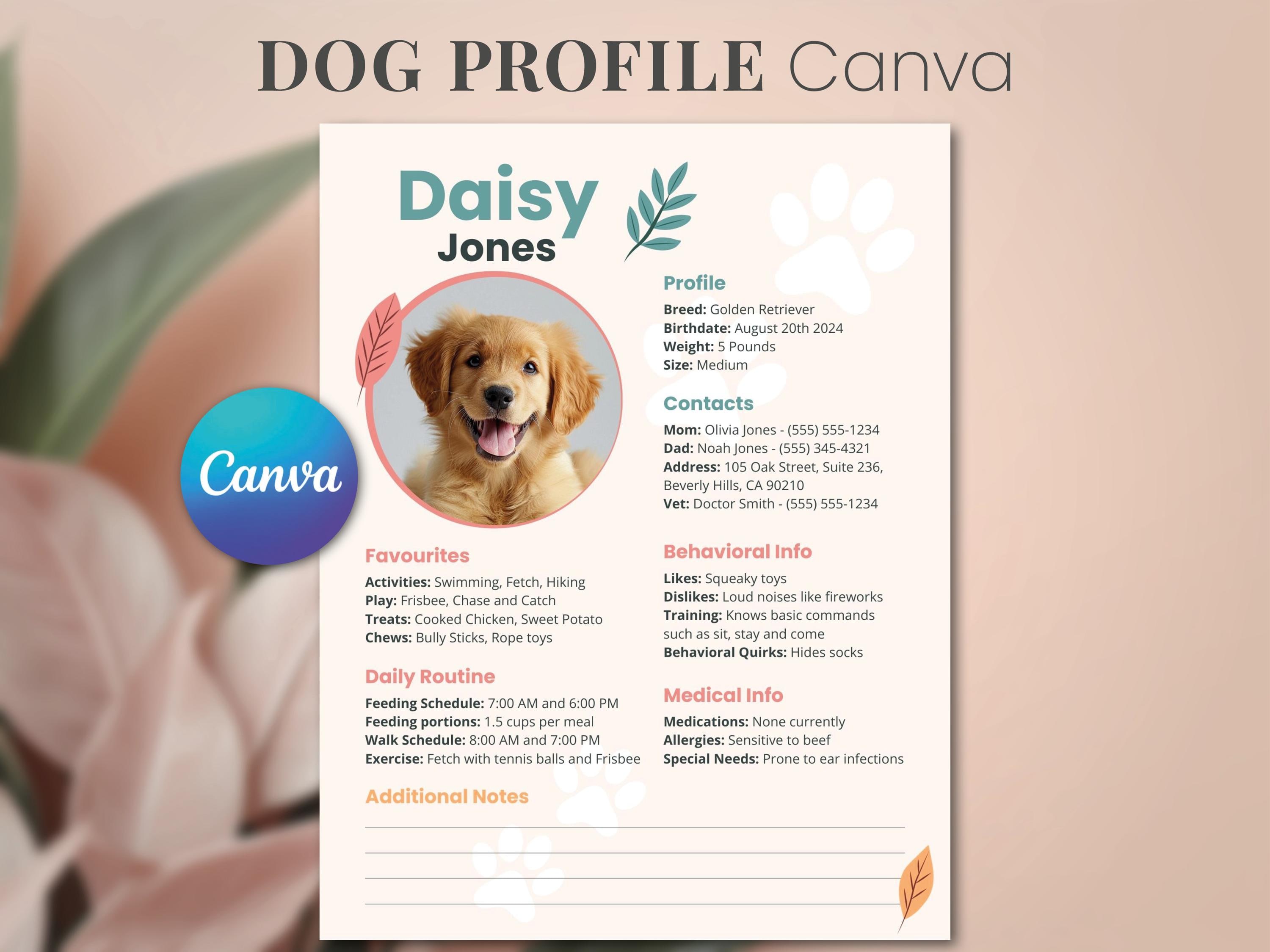 Pet Profile CANVA Template Printable Instant Digital Download Pet ...