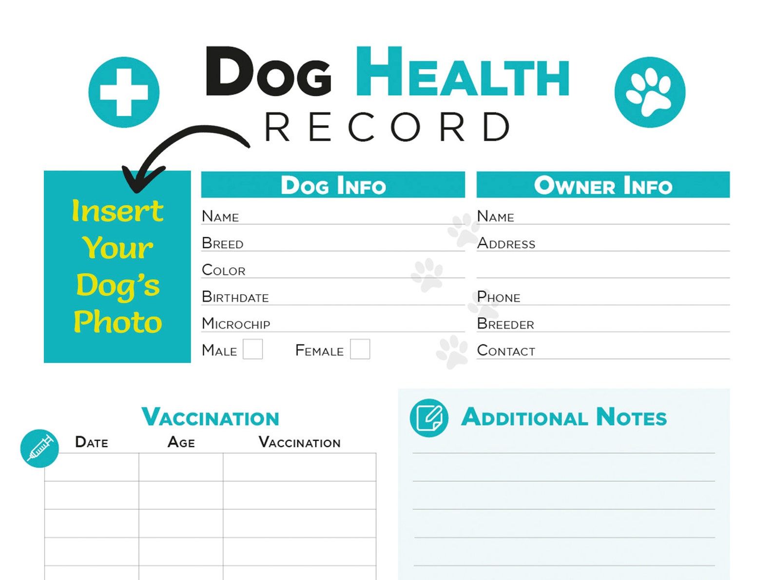 Editable Dog Health Record Planner: Vet Visits, Vaccination Tracker ...