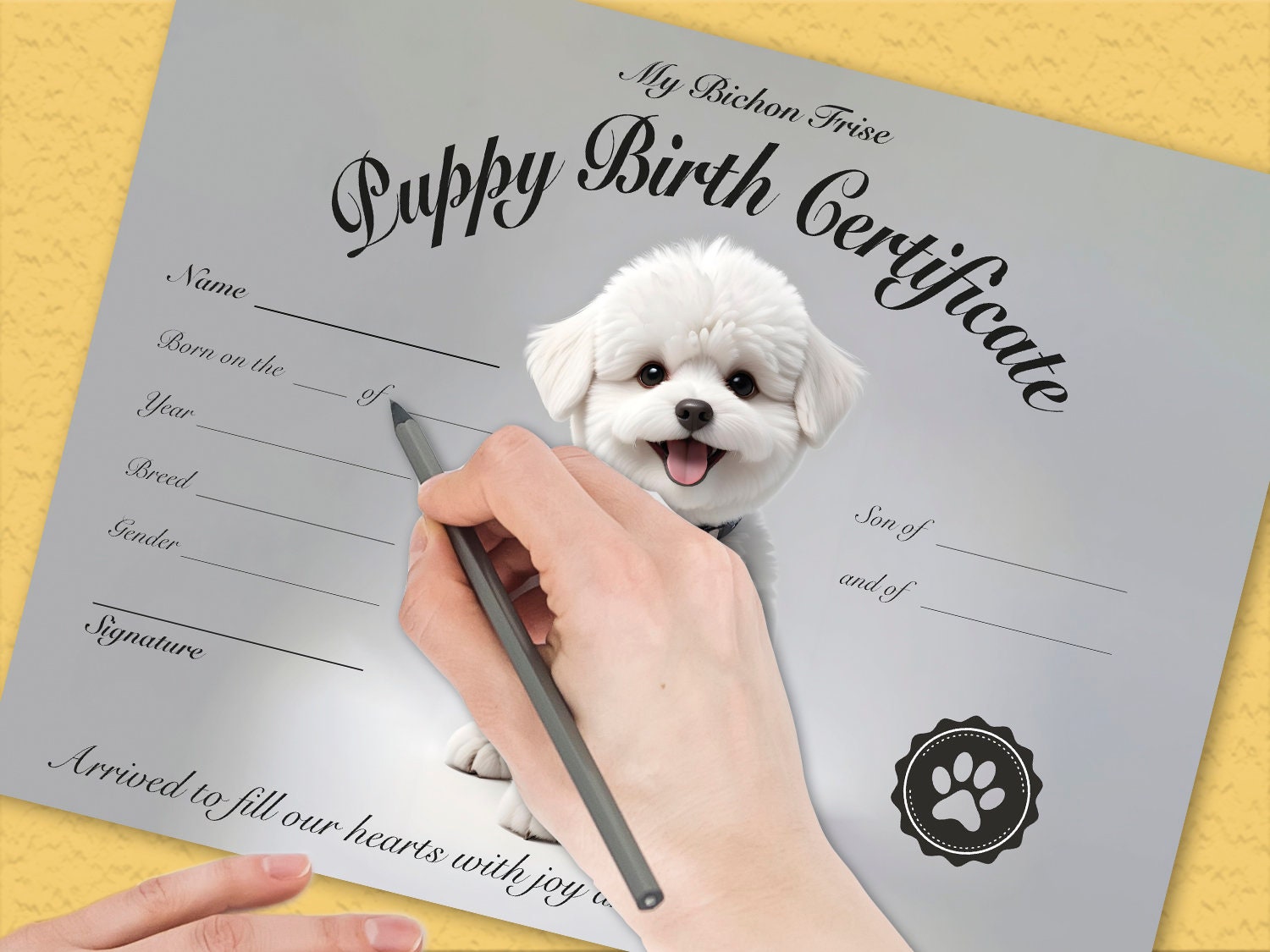 Bichon Frise Dog Birth Certificate for Girl or Boy Puppy Printable and ...