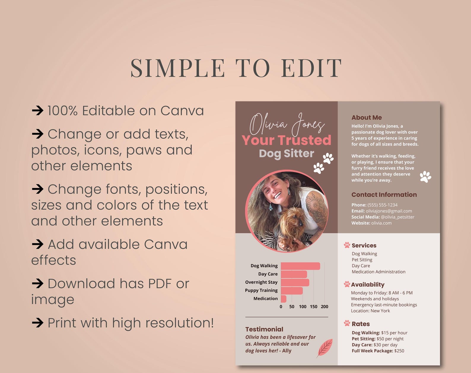 Dog Sitter Profile Canva Template: Pet Care Services Resume, Editable ...