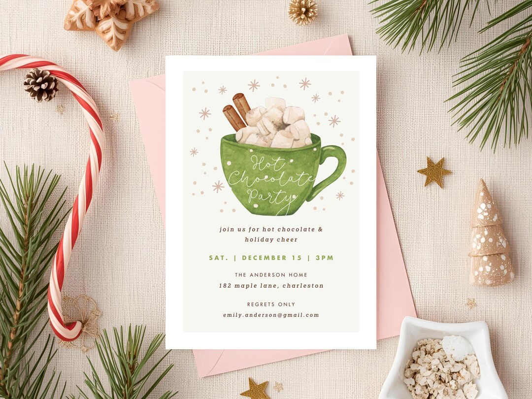 Hot Chocolate Party Invitation | Editable Green Cozy Winter Holiday ...