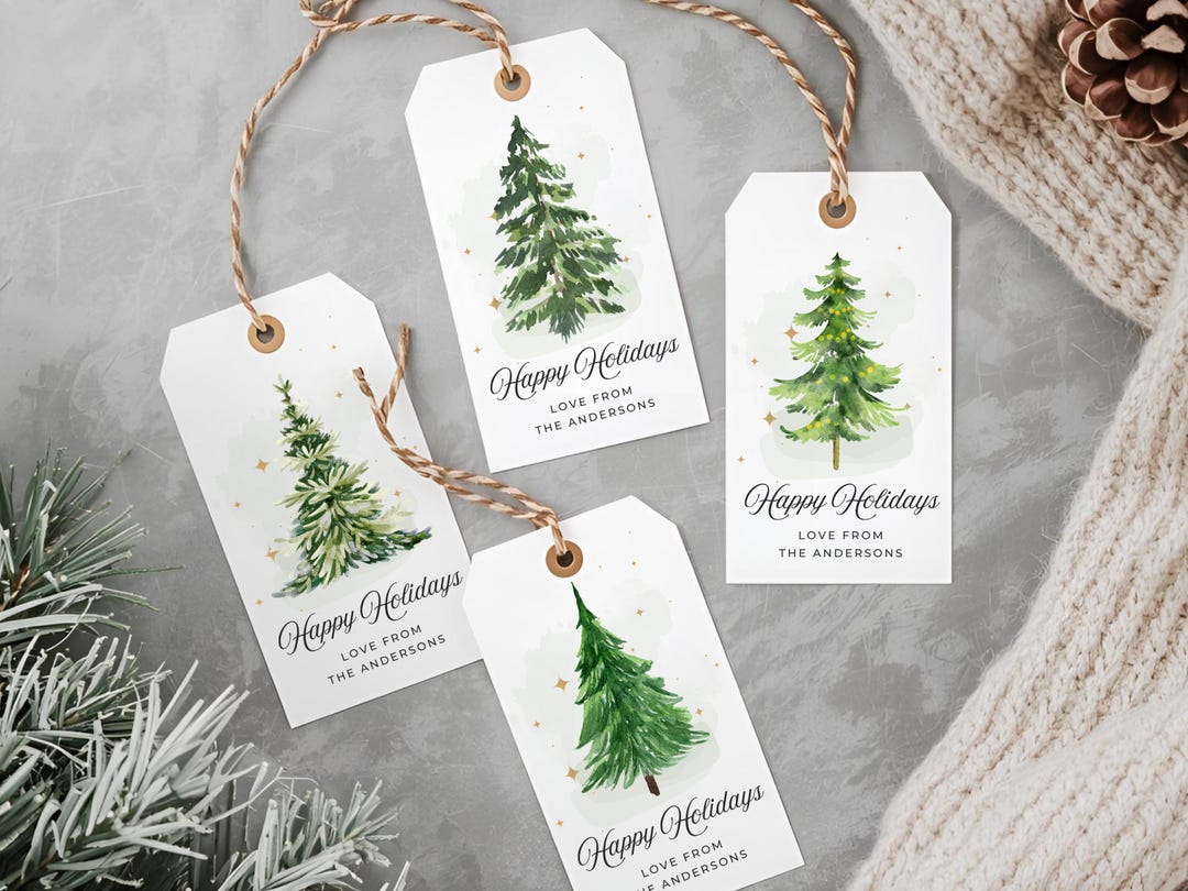 Watercolor Winter Trees Gift Tags | Four Editable Christmas Holiday ...