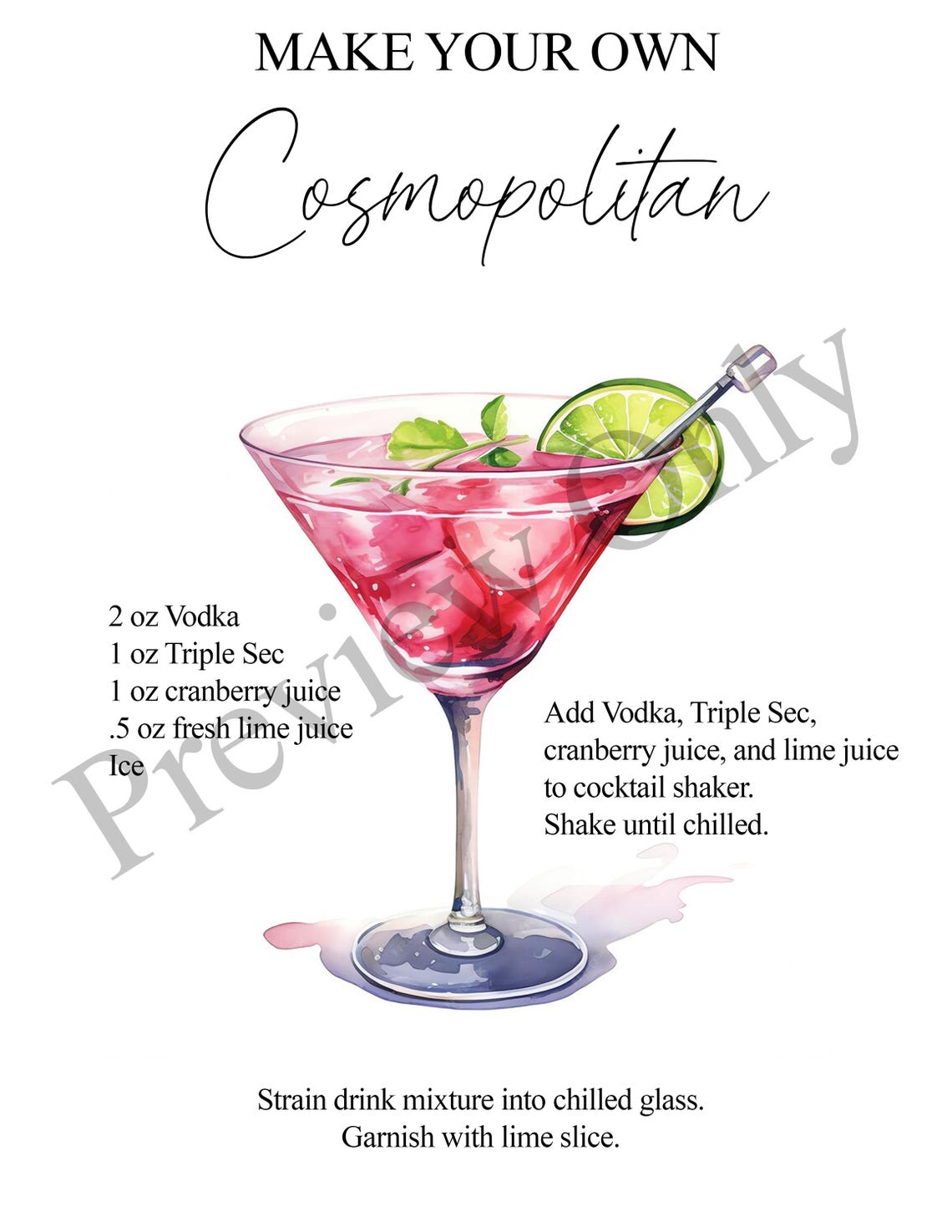 Cosmopolitan Cocktail Recipe Card - Etsy