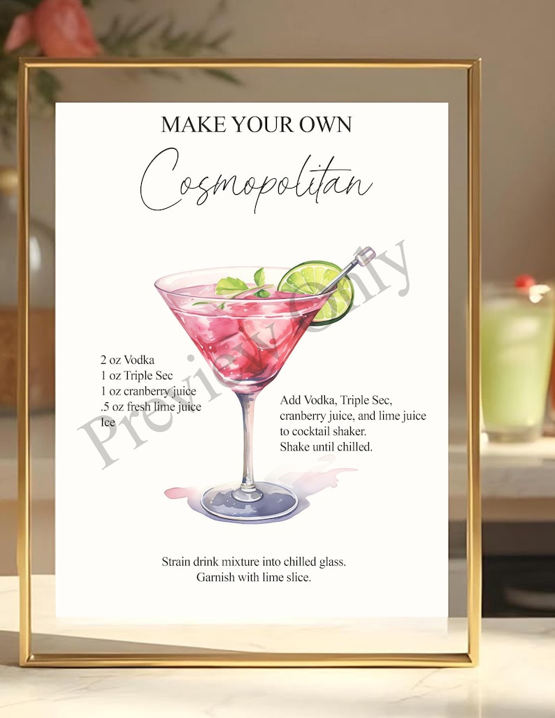 Cosmopolitan Cocktail Recipe Card - Etsy