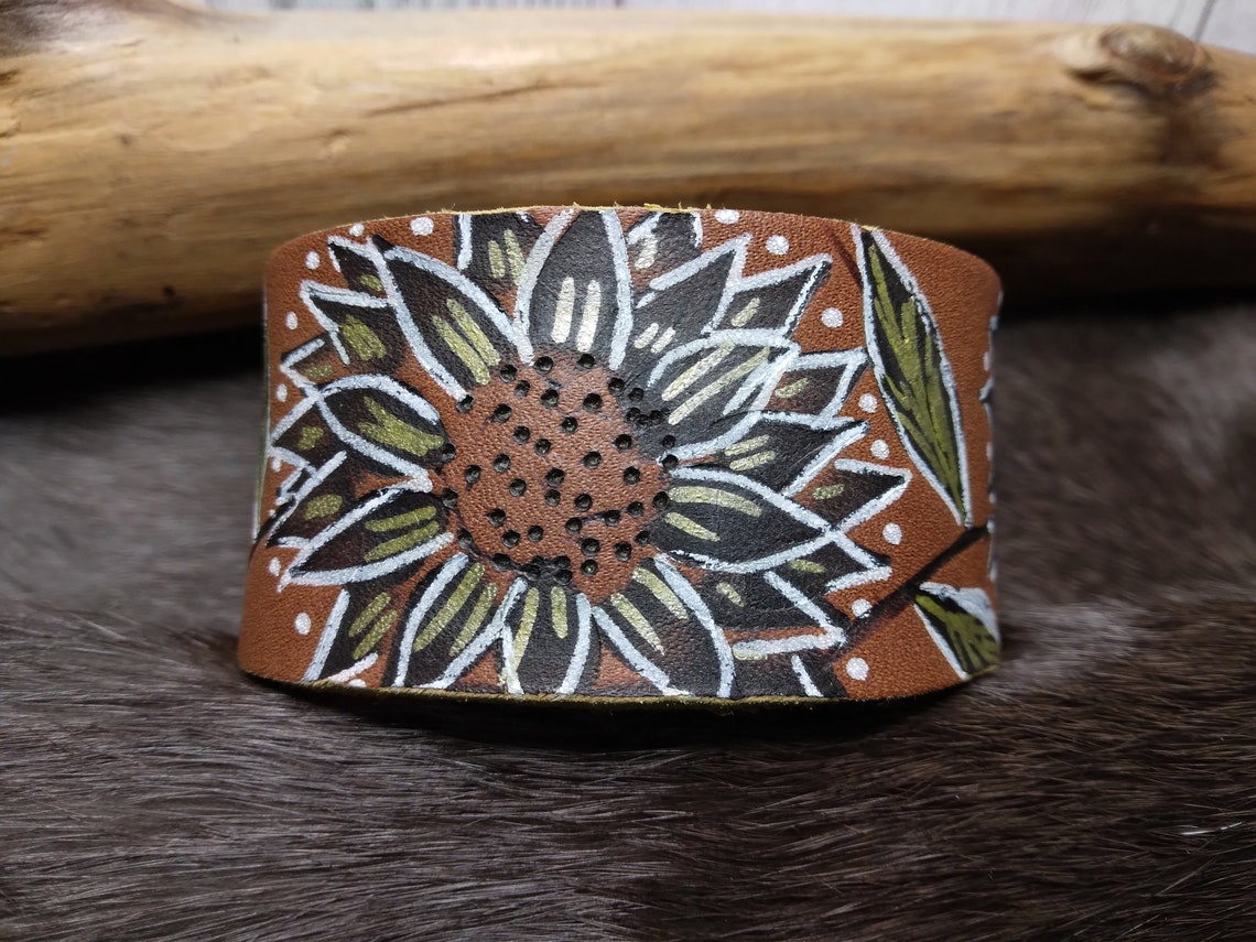 Boho Style Sunflower Hand Engraved and Painted Leather Cuff Bracelet ...