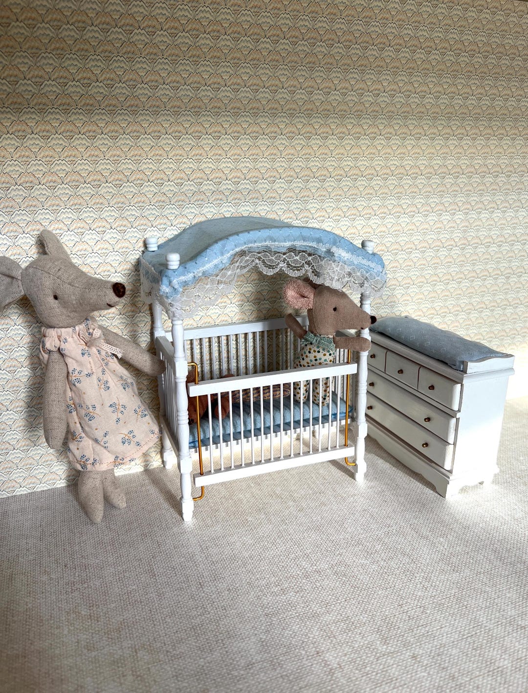 Vintage Miniature Crib/bed With Blue Mattress and Canopy and a Baby ...