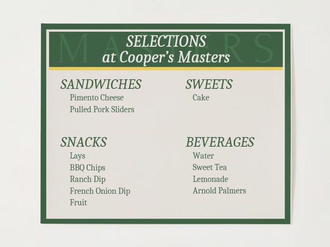 Golf Masters Themed Birthday Party Menu Board Digital Canva Template - Etsy