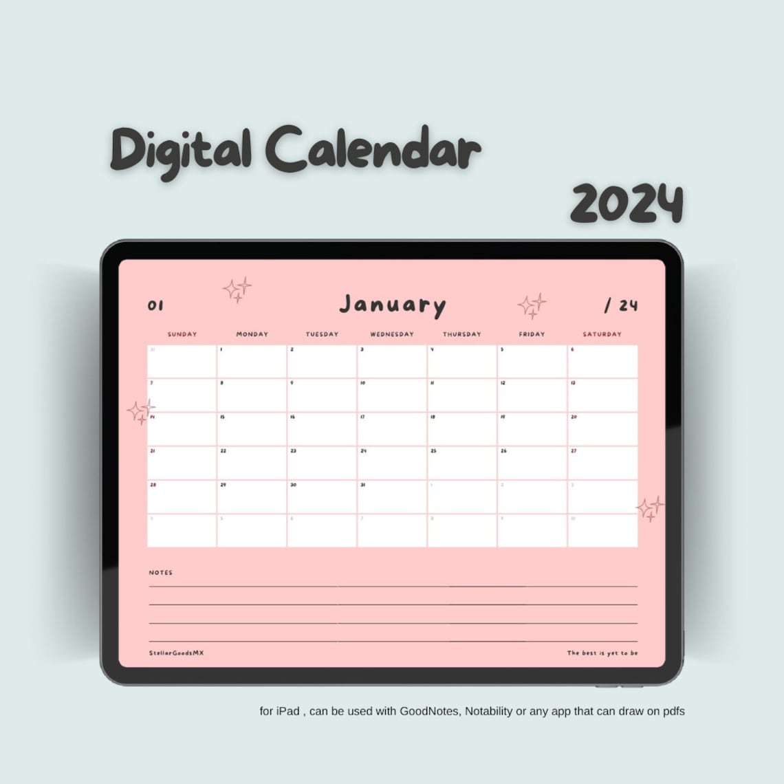 Digital Calendar for 2024 Printable for iPad Goodnotes Notability ...