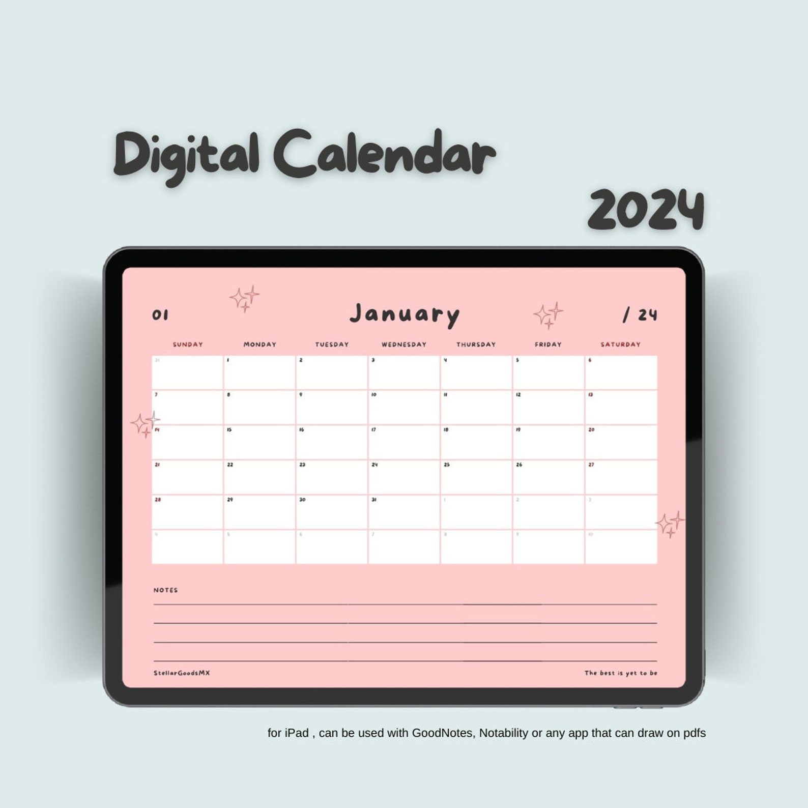 Digital Calendar for 2024 Printable for iPad Goodnotes Notability ...