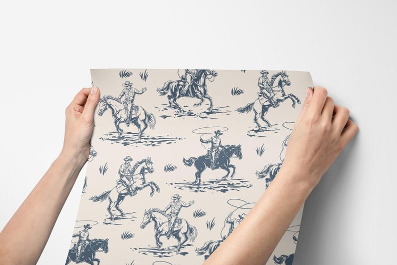 Cowboy Wallpaper for Nursery in Blue and Beige, Retro Western Bronc ...