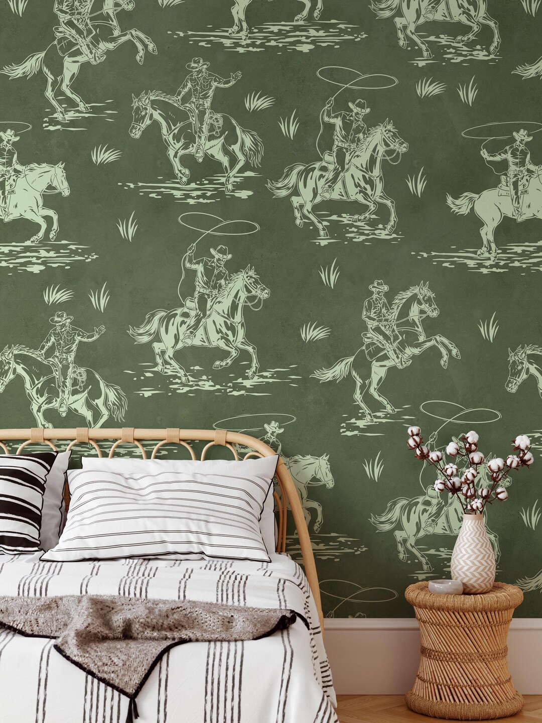 Olive Green Cowboys Removable Wallpaper: Western Nursery Decor, Peel ...