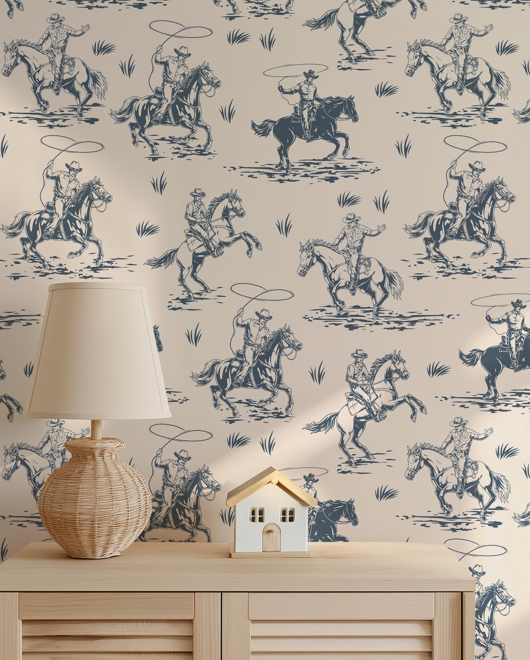 Cowboy Wallpaper for Nursery in Blue and Beige, Retro Western Bronc ...