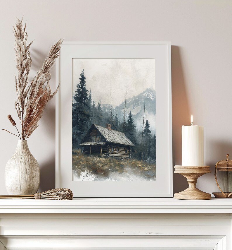Mountain Cabin Wilderness Vertical Wall Art Rustic Forest Decor Print ...