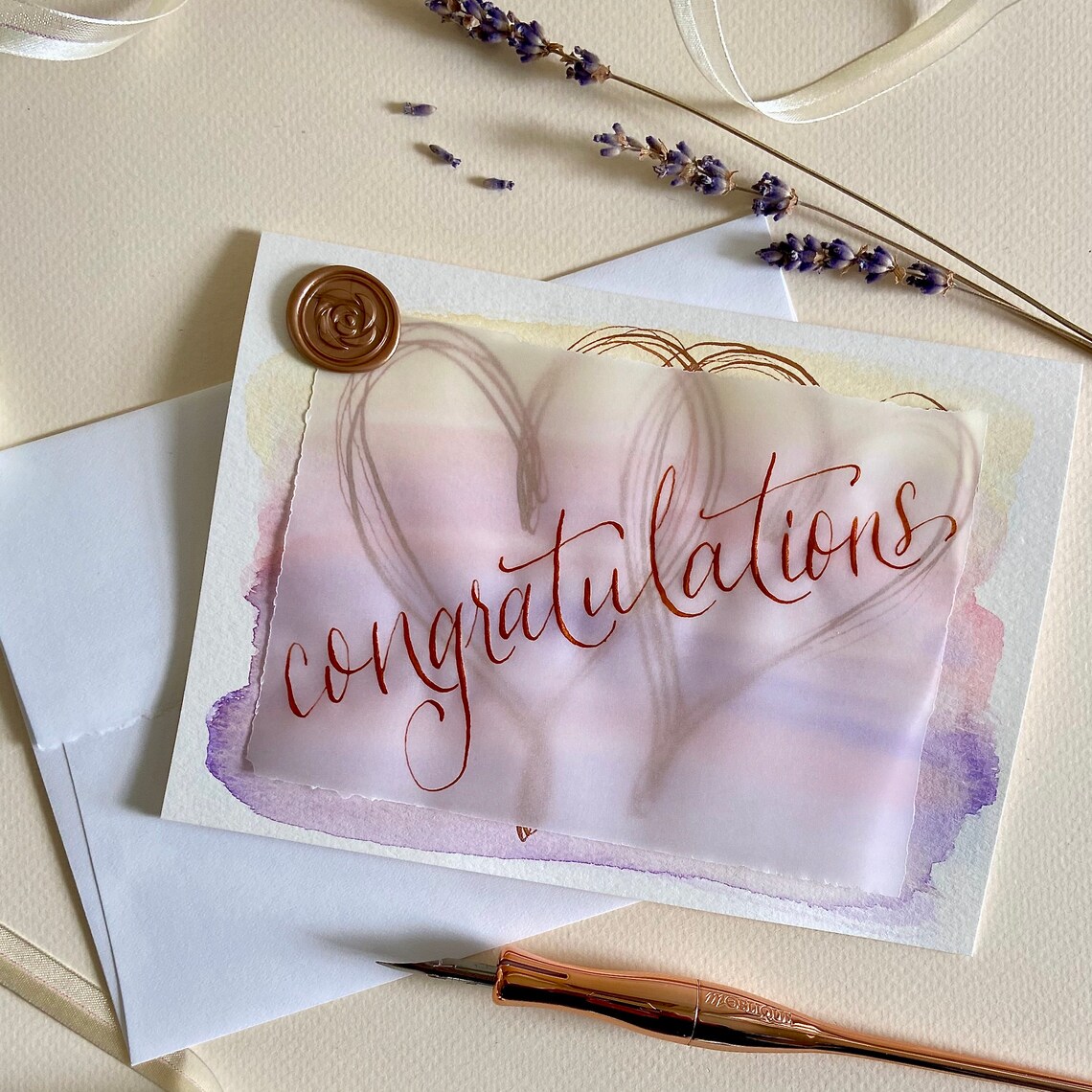 Congratulations, Vellum & Rose Wax Seal Handmade Card blank Modern ...