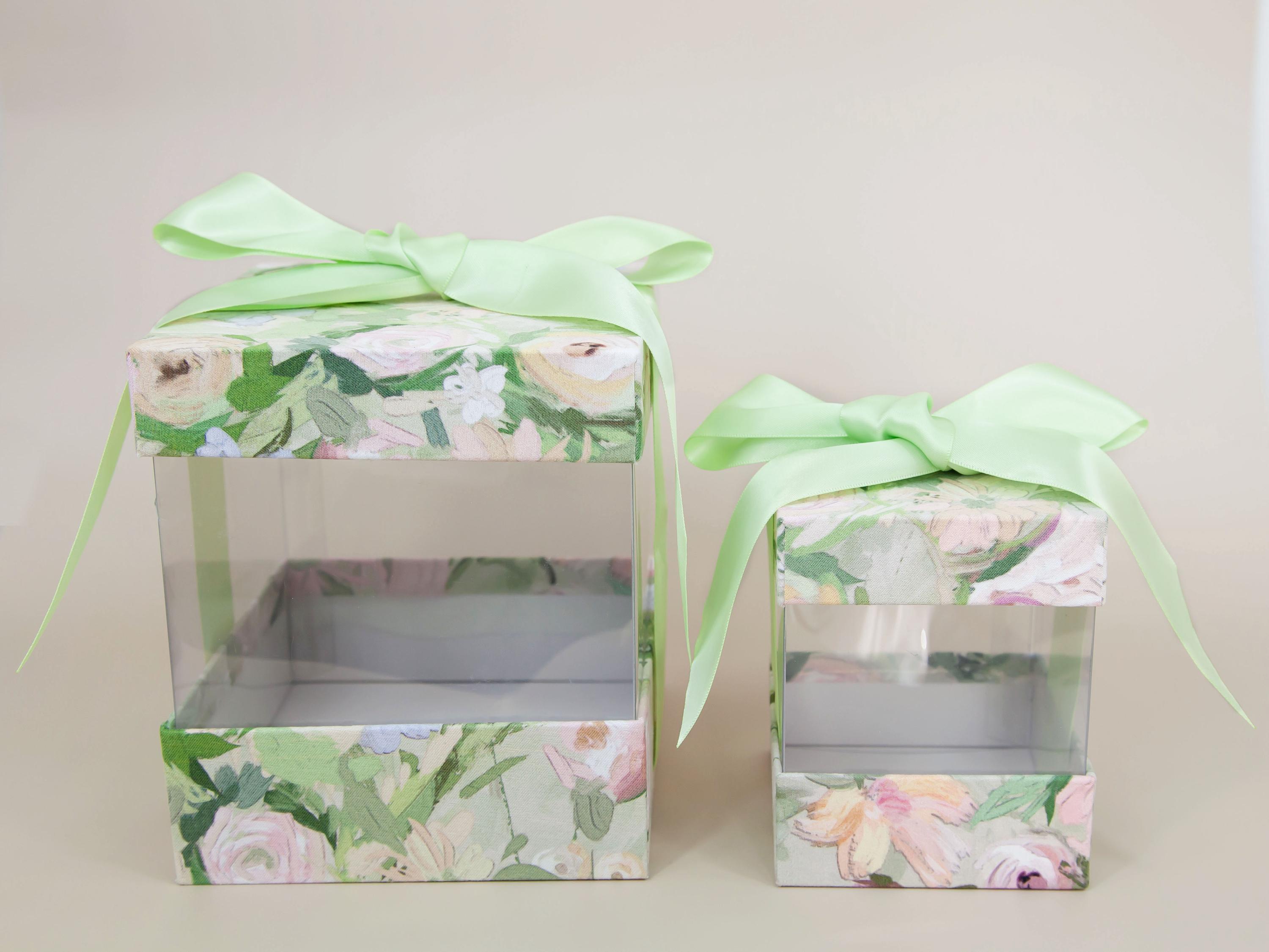 Clear Floral Gift Box With Green Silk Ribbon, Favor Box - Etsy