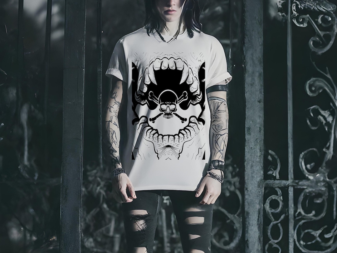 Skull T Shirt Black White Cotton Tee Skull Design Horror Clothing Band ...