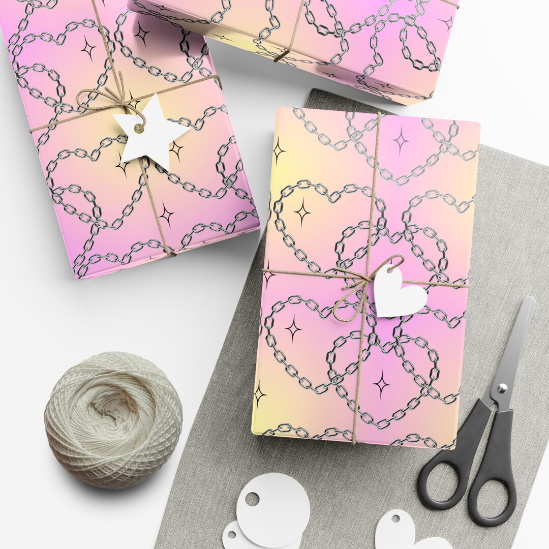 Y2K Chain Heart Wrapping Paper, Pink Yellow Gradient, Xmas Gift Wrap - Etsy