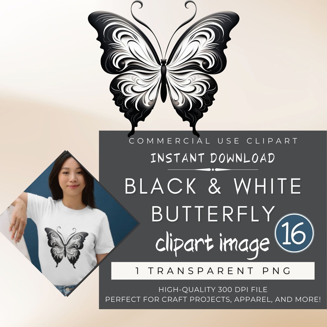 Black and White Butterfly Clipart Image 16 1 PNG Instant Download 300 ...