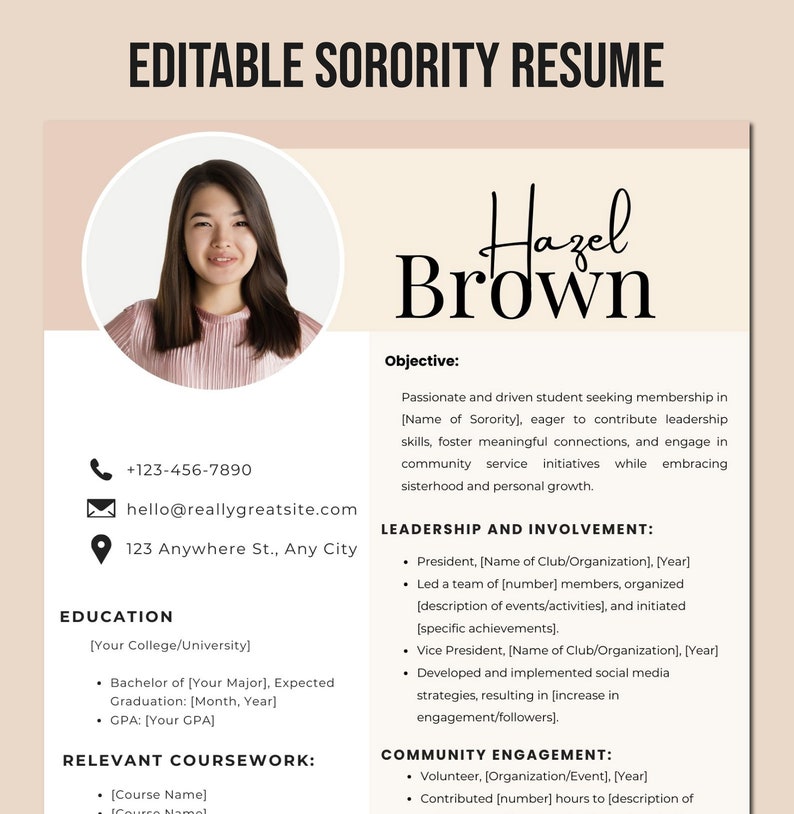 Editable Sorority Resume With Photo | Minimalist Sorority Resume ...