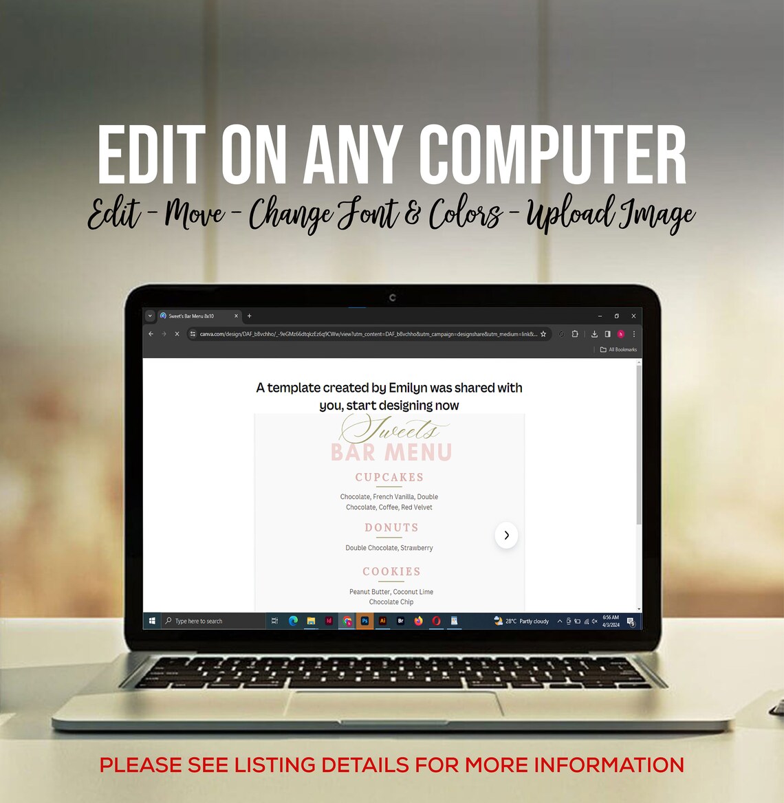 Floral Sweets Bar Menu Template With 3 Design Options | Printable ...