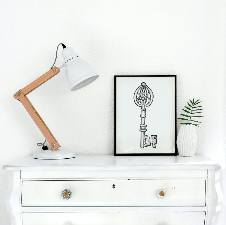 Antique Skeleton Key Line Drawing Art Print, Vintage Key Print ...