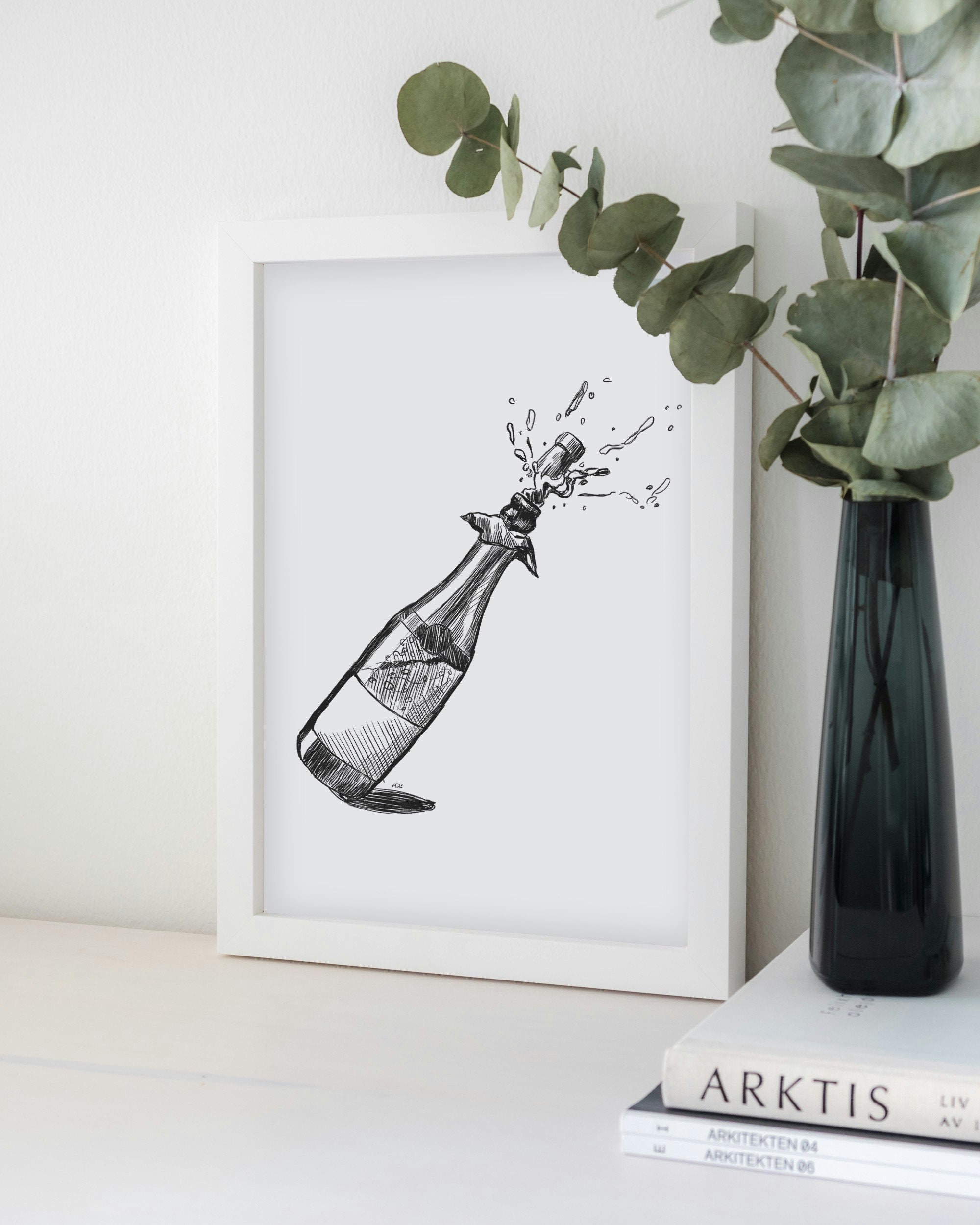 Champagne Bottle Line Drawing Art Print, Popped Bottle, Champagne ...