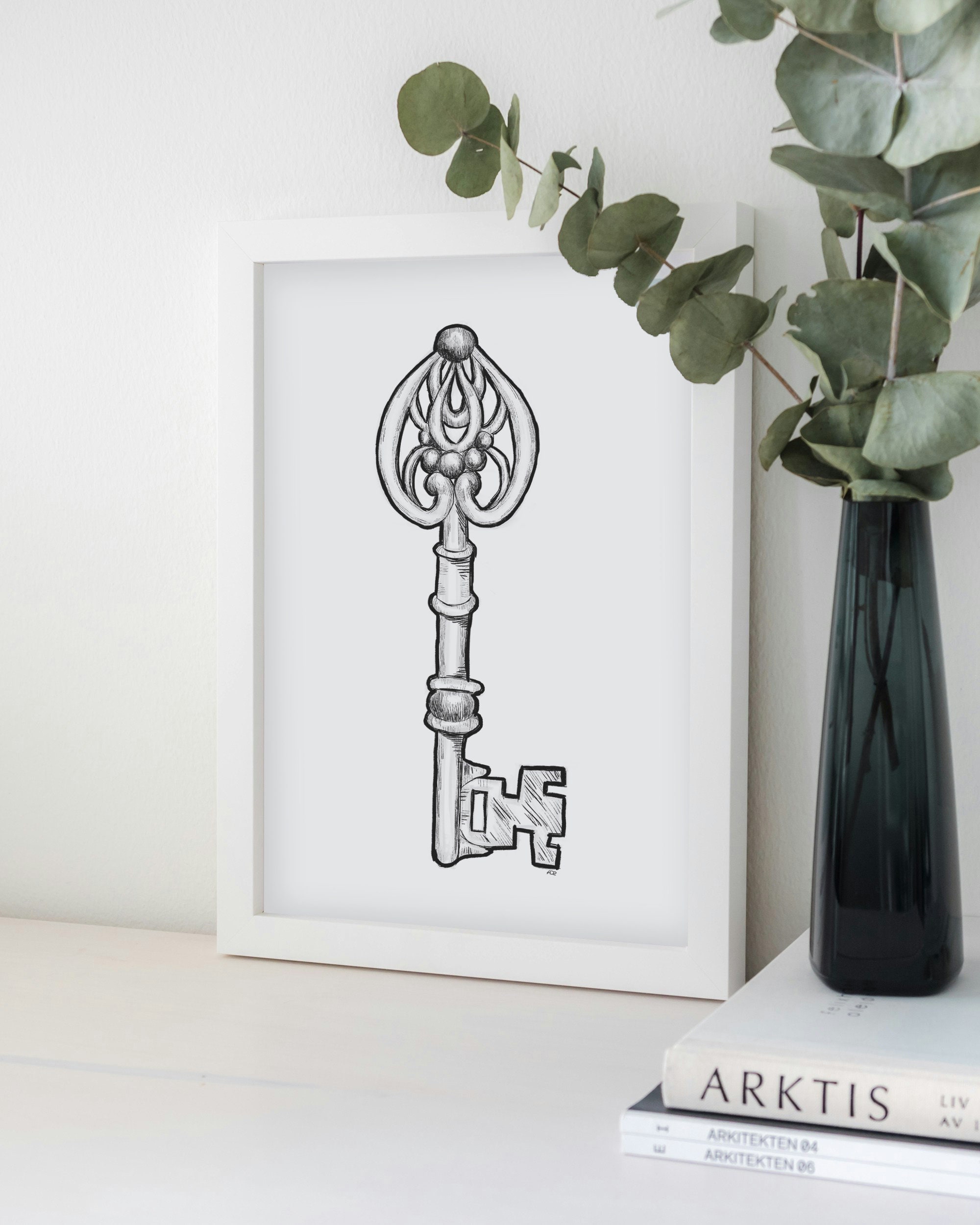 Antique Skeleton Key Line Drawing Art Print, Vintage Key Print ...