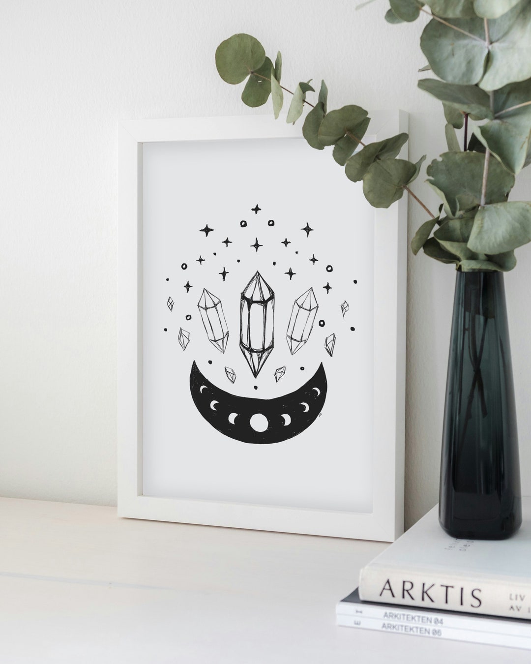 Celestial Moon Line Drawing Art Print, Crescent Moon Phase, Celestial ...
