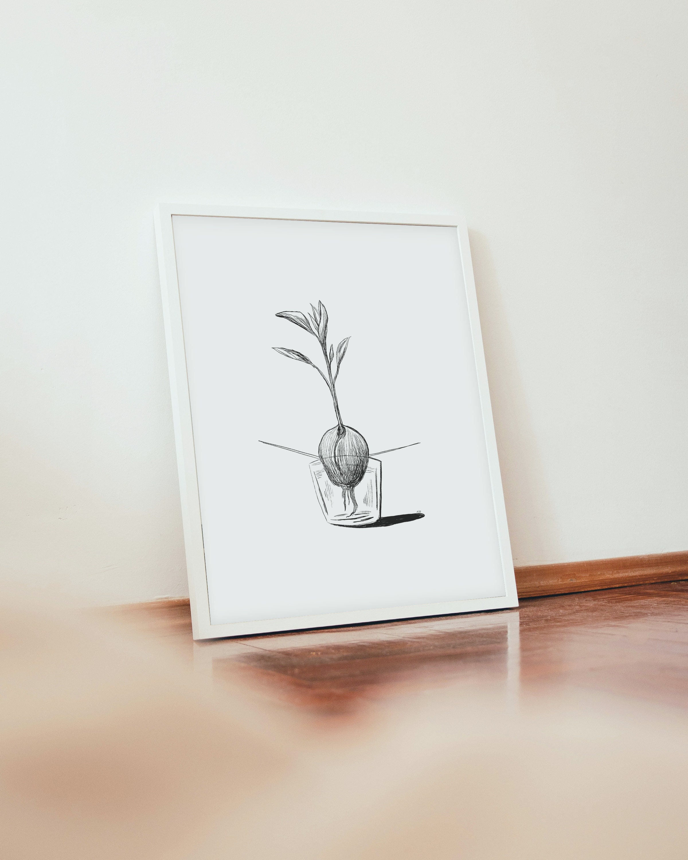 Avocado Sprout Ink Drawing Line Art Print, Unframed Minimalist Plant ...