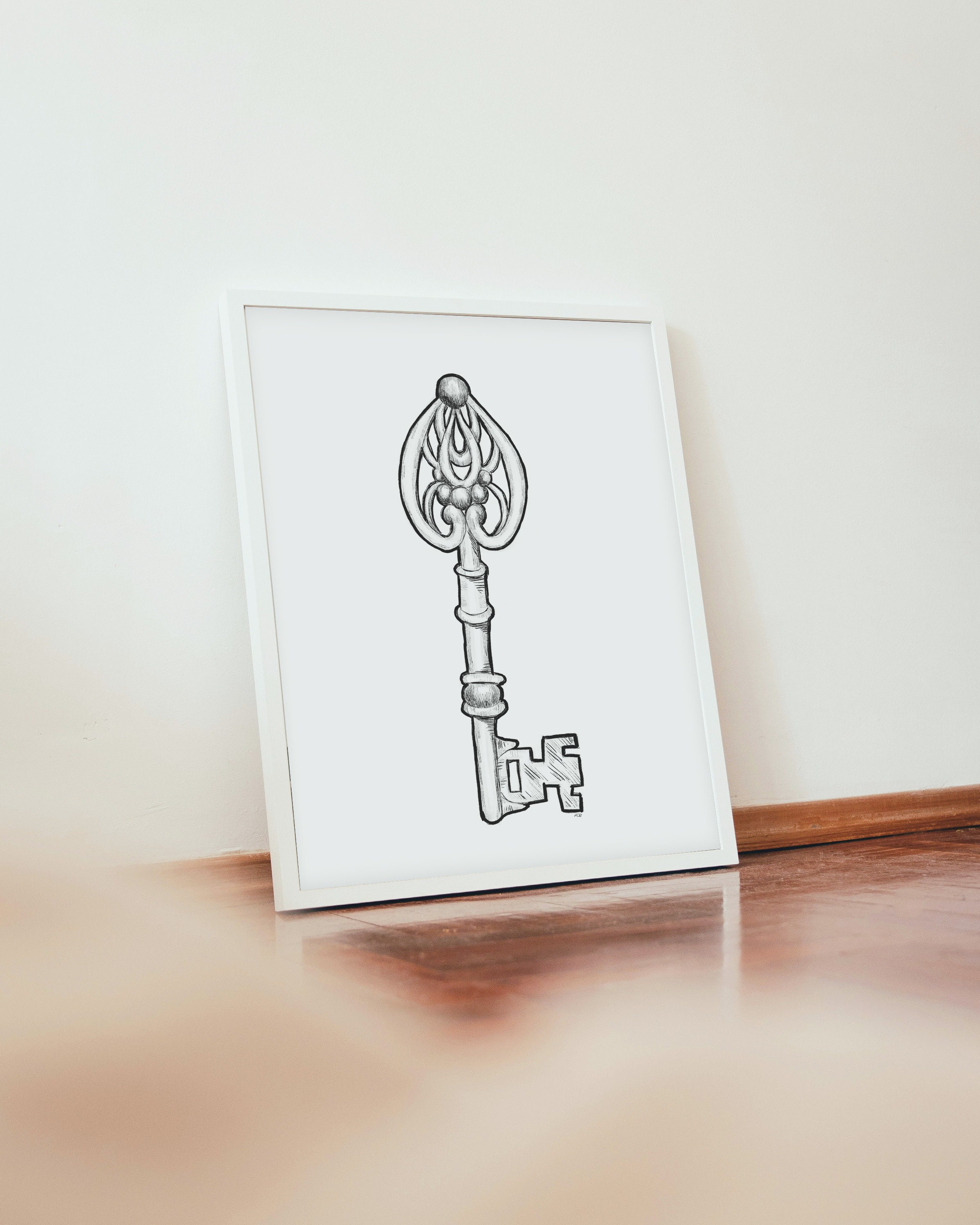Antique Skeleton Key Line Drawing Art Print, Vintage Key Print ...