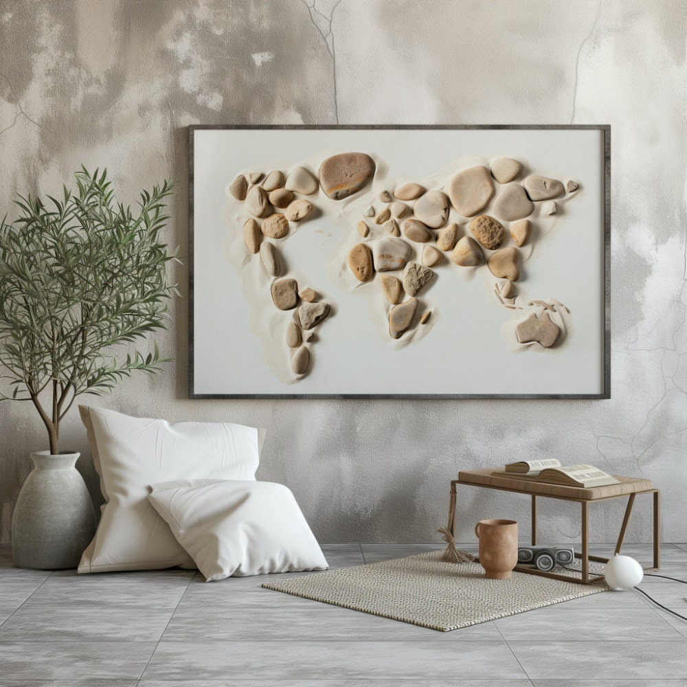Stones World Map Beige Bohemian Photo Art Printable Digital Download ...