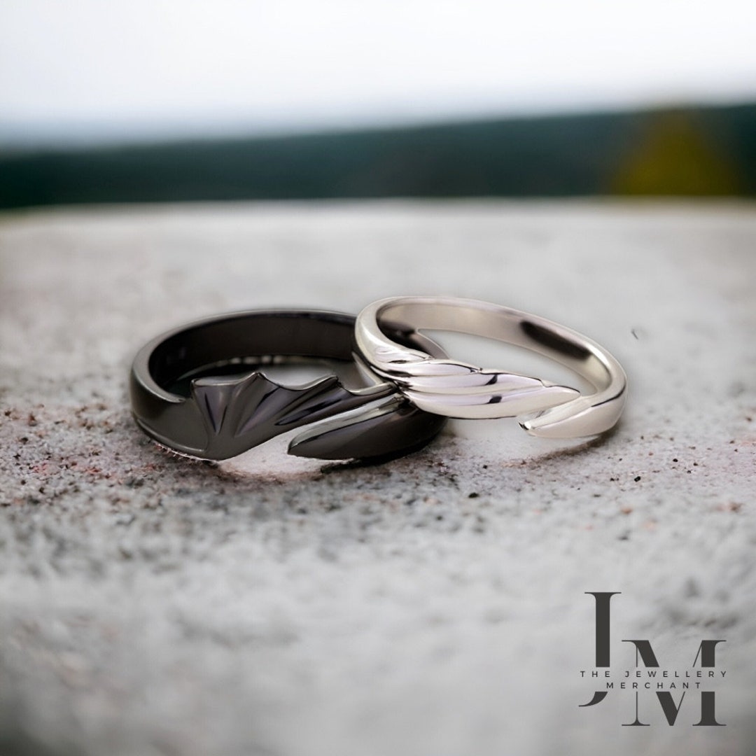 Couples Dragon Wing Rings Angel and Demon Rings Matching Silver Couples ...
