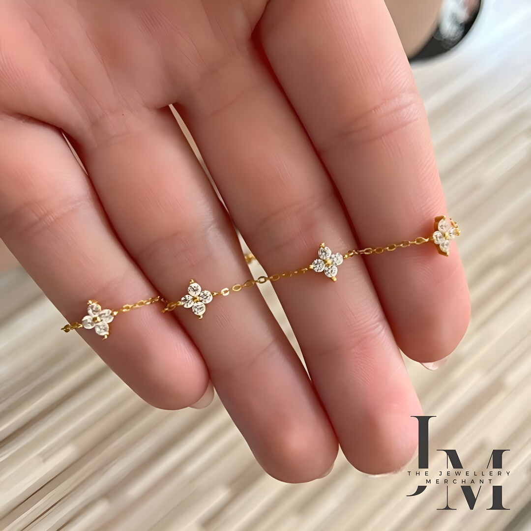 S925 Floral Bracelet Gold Diamond Flower Bracelet Cubic Zirconia Flower Charm Bracelet Dainty ...