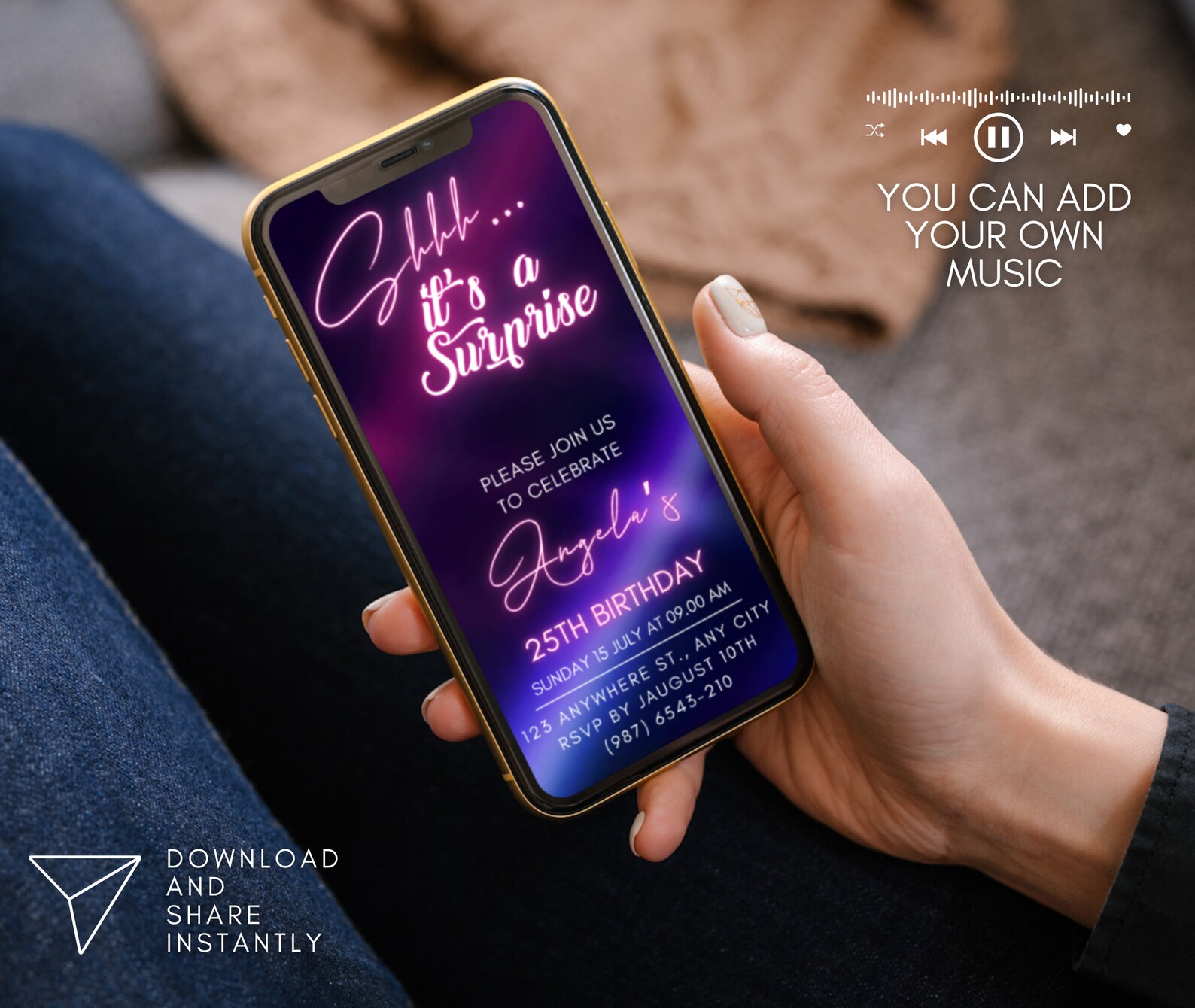 Shhh It's Surprise Birthday Invitation, Digital Party Invitation, Pink ...