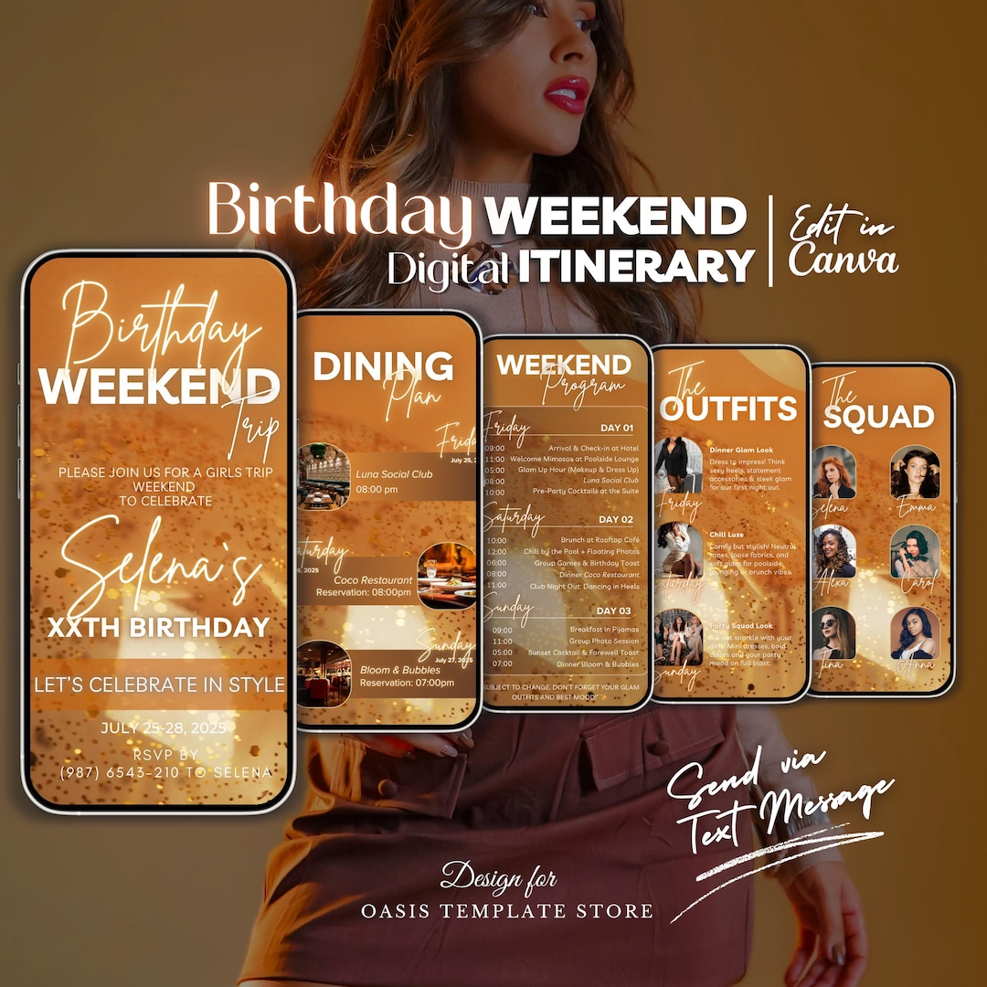 Editable Birthday Weekend Itinerary, Girls Birthday Trip Invite, Orange ...