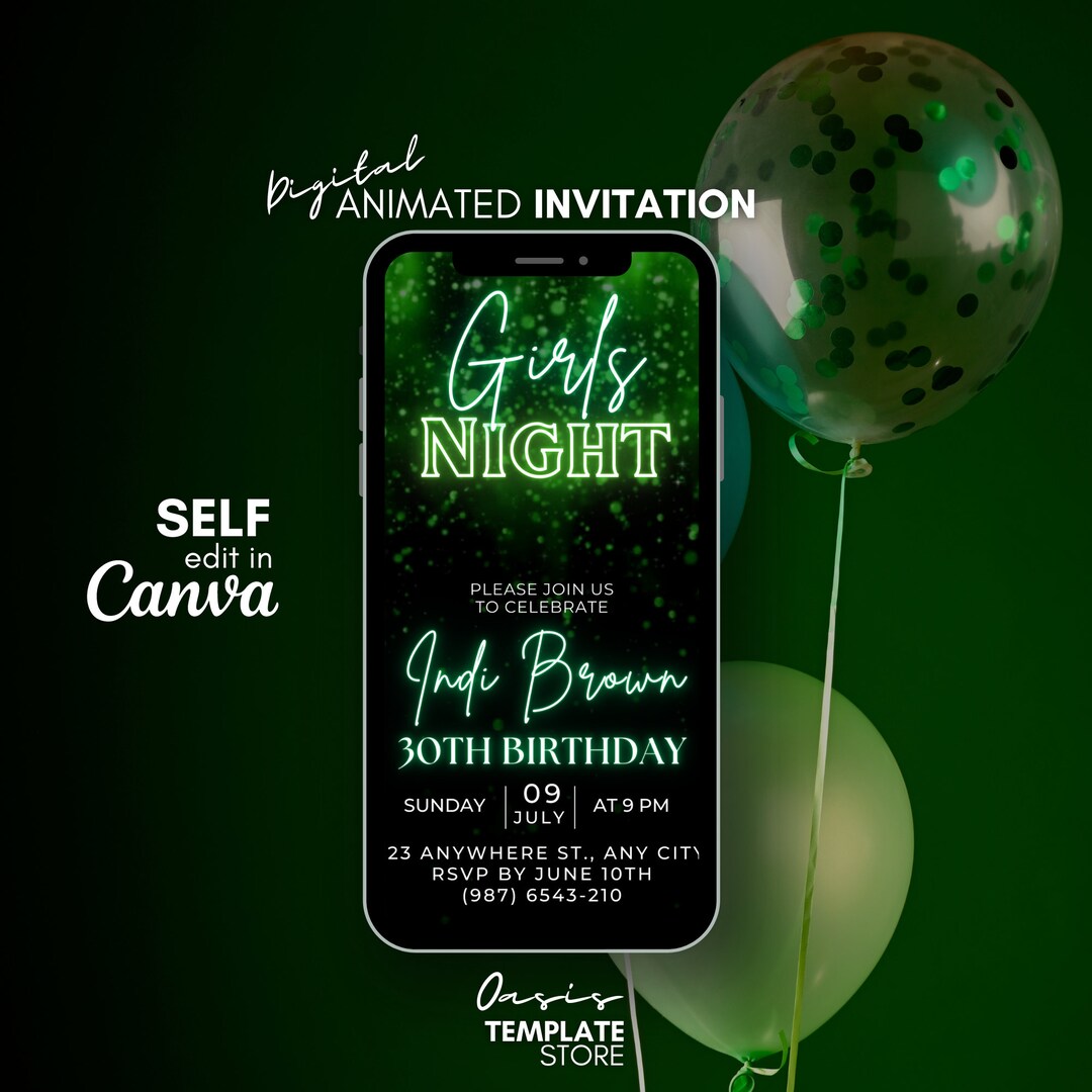 Girls Night Birthday Invitation, Green Glitter Invite, Phone Text Evite ...