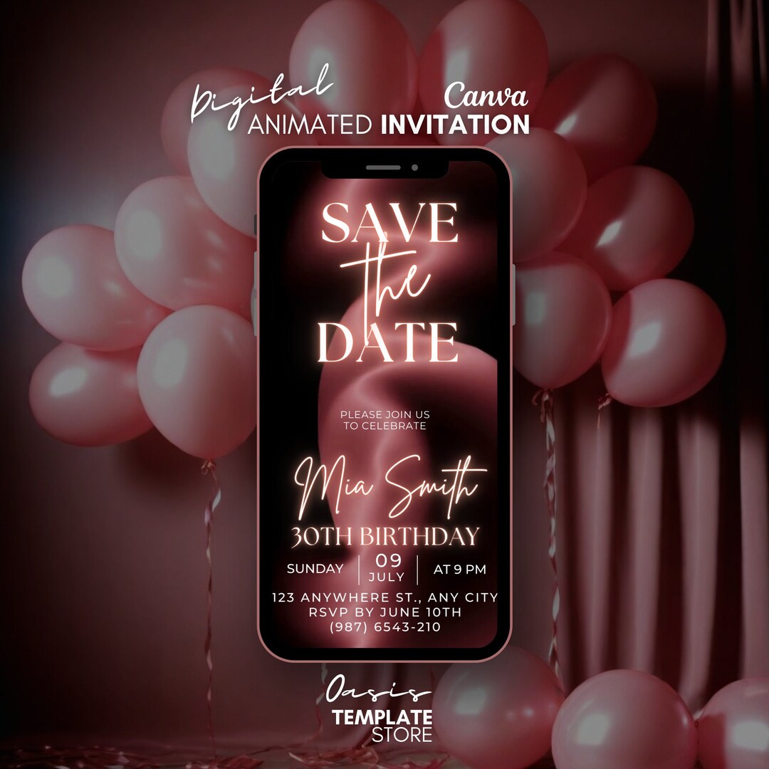 Save the Date Digital Invitation, Pink Silver Animated Invite, Mobile Video Invitation, Canva ...
