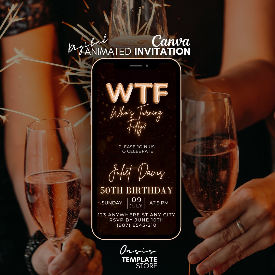 WTF Fifty 50th Birthday Video Invitation, Bronze Gold Digital Invite ...