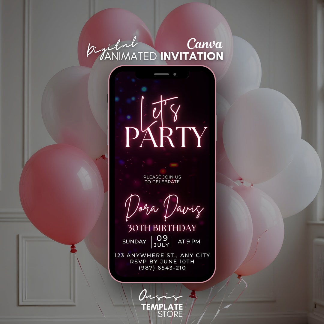 Digital Birthday Party Invitation, Pink Balloons Video Invite, Mobile ...