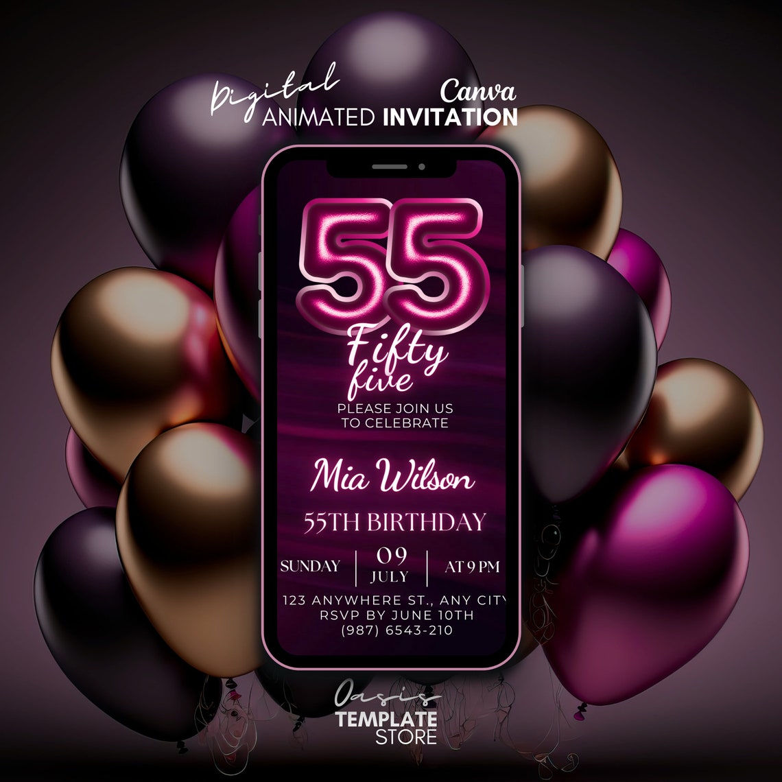 55th Birthday Digital Invitation, Fifty Five Party Video Invitation ...