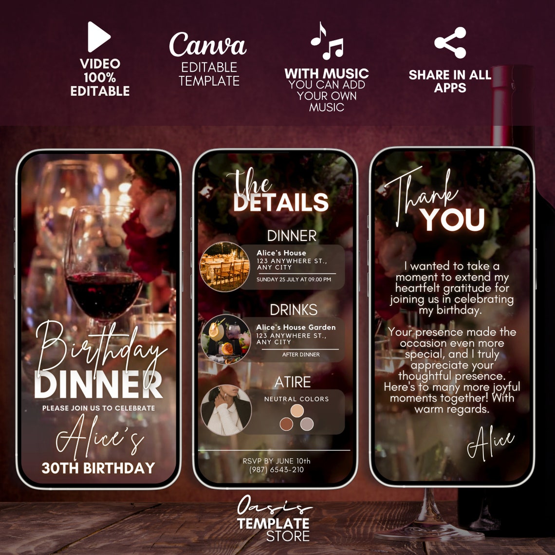 Birthday Dinner Invitation, Digital Dinner Invitation Template, Dinner ...
