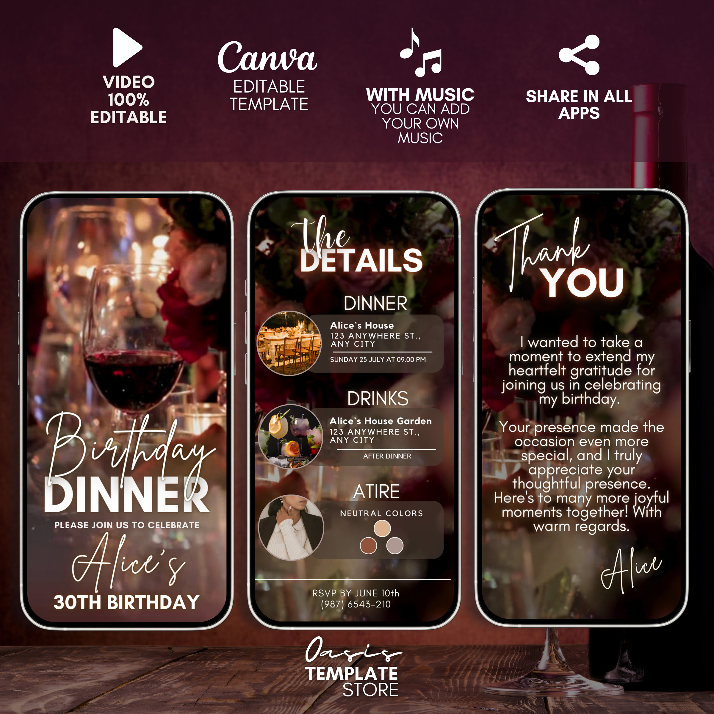 Birthday Dinner Invitation, Digital Dinner Invitation Template, Dinner ...