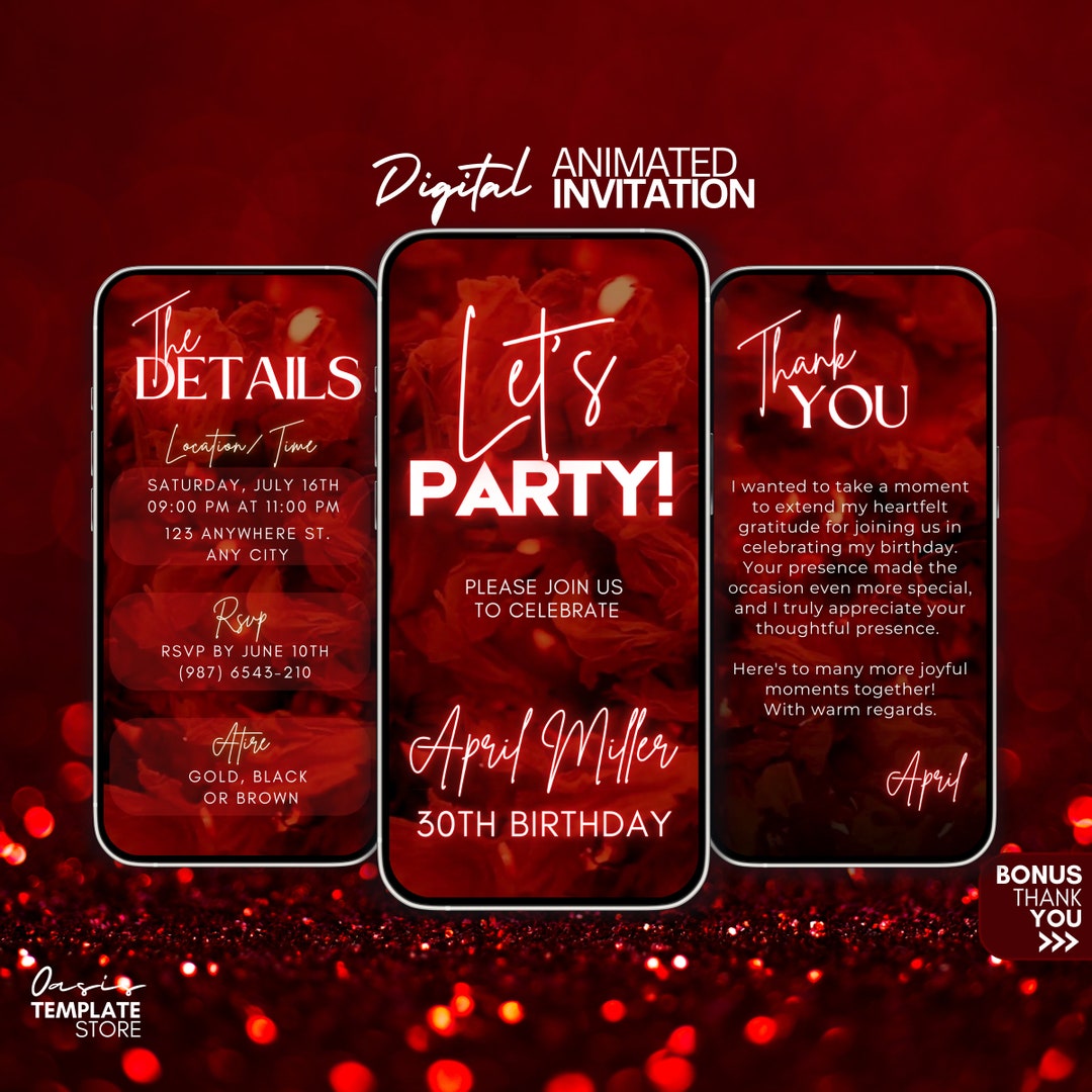 Let's Party Birthday Invitation, Red Glitter Digital Invitation ...
