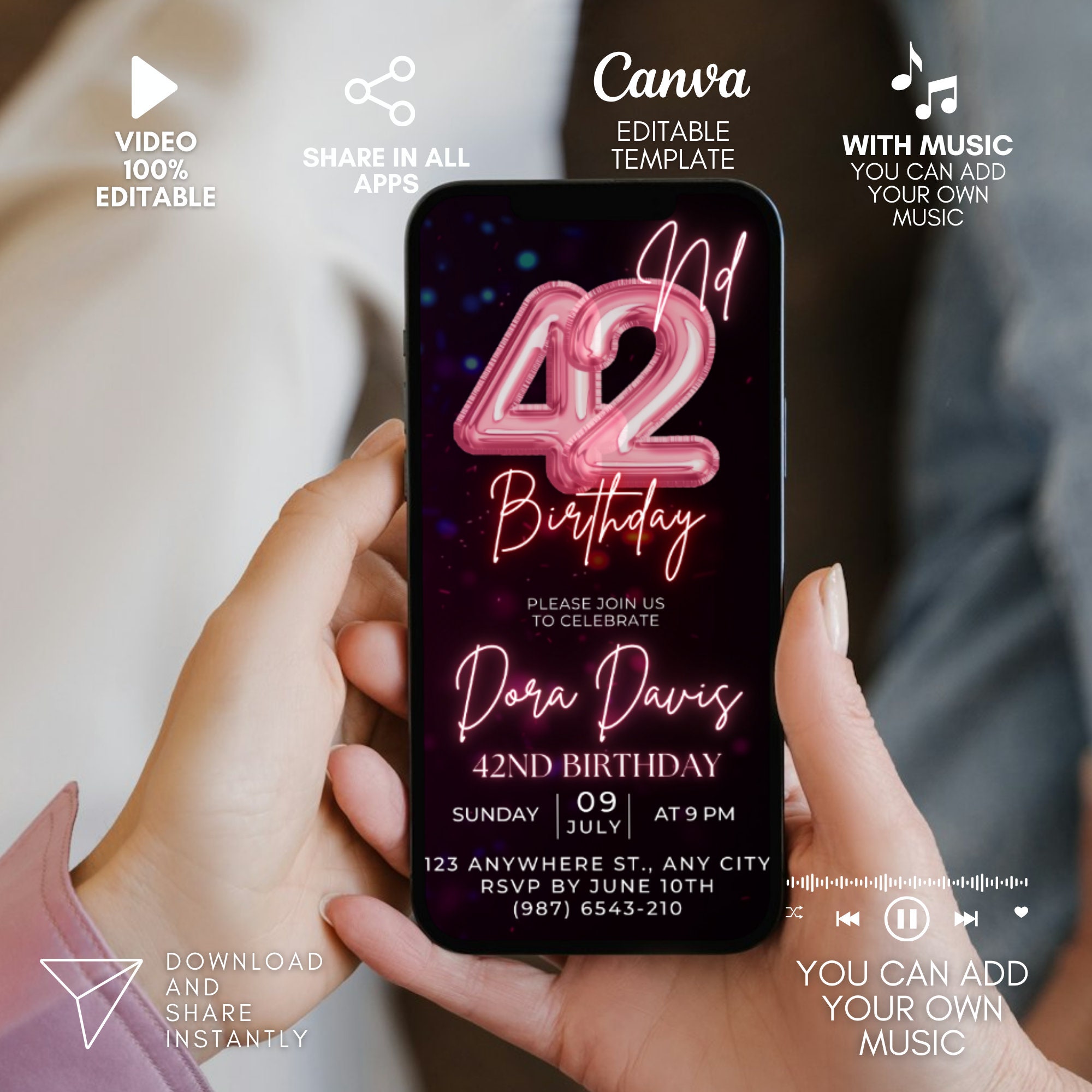 42nd Birthday Digital Invitation, Pink Balloons Video Invitation, 42nd ...