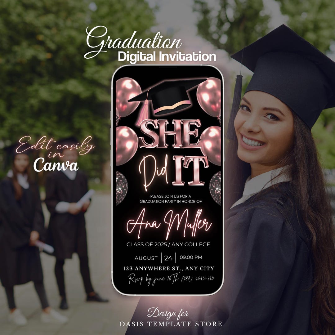 She Did It Grad Invitation, Pink Digital Graduation Party Invite ...