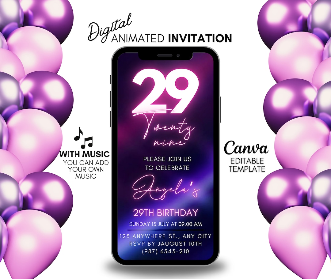 29th Birthday Invitation, Digital Party Invitation, Pink Video ...