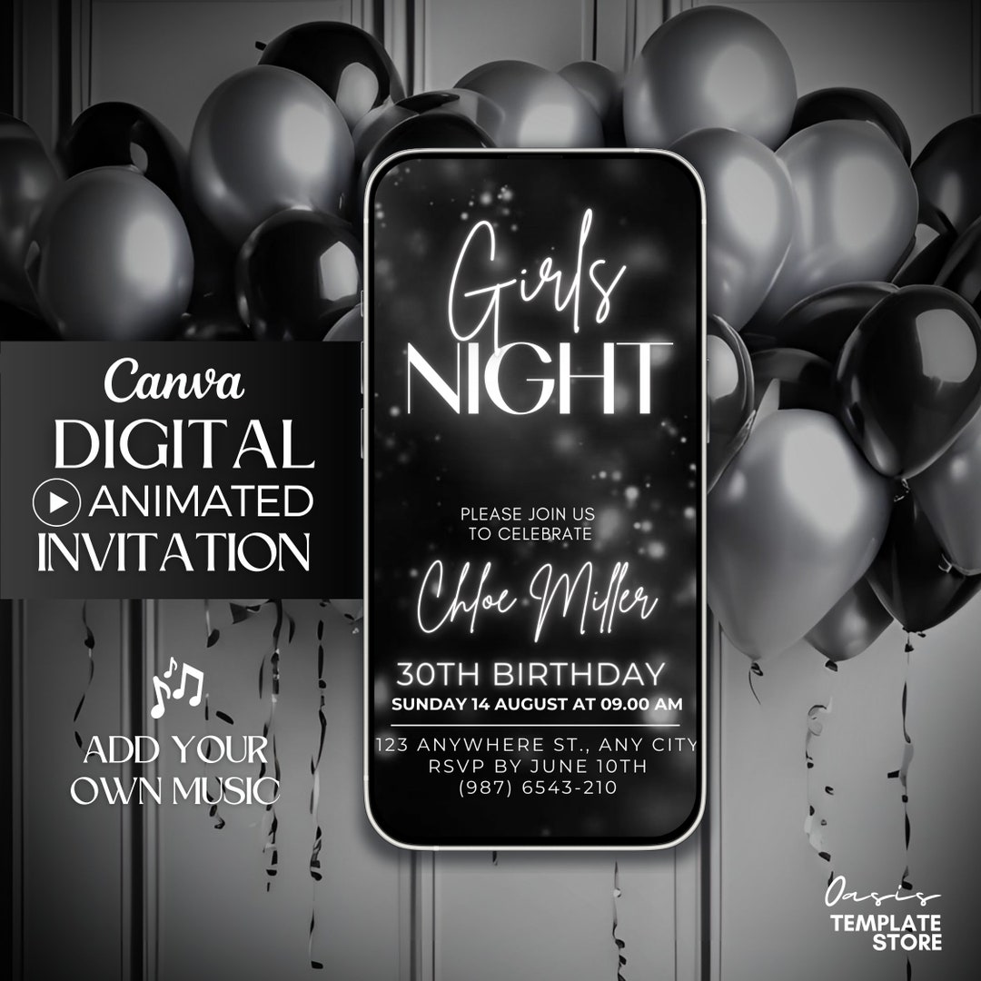 Girls Night Birthday Video Invitation, Silver Glitter Digital ...