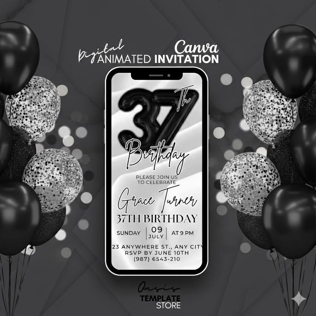 Digital 37th Birthday Invite for Men and Women, Elegant Black Balloon ...