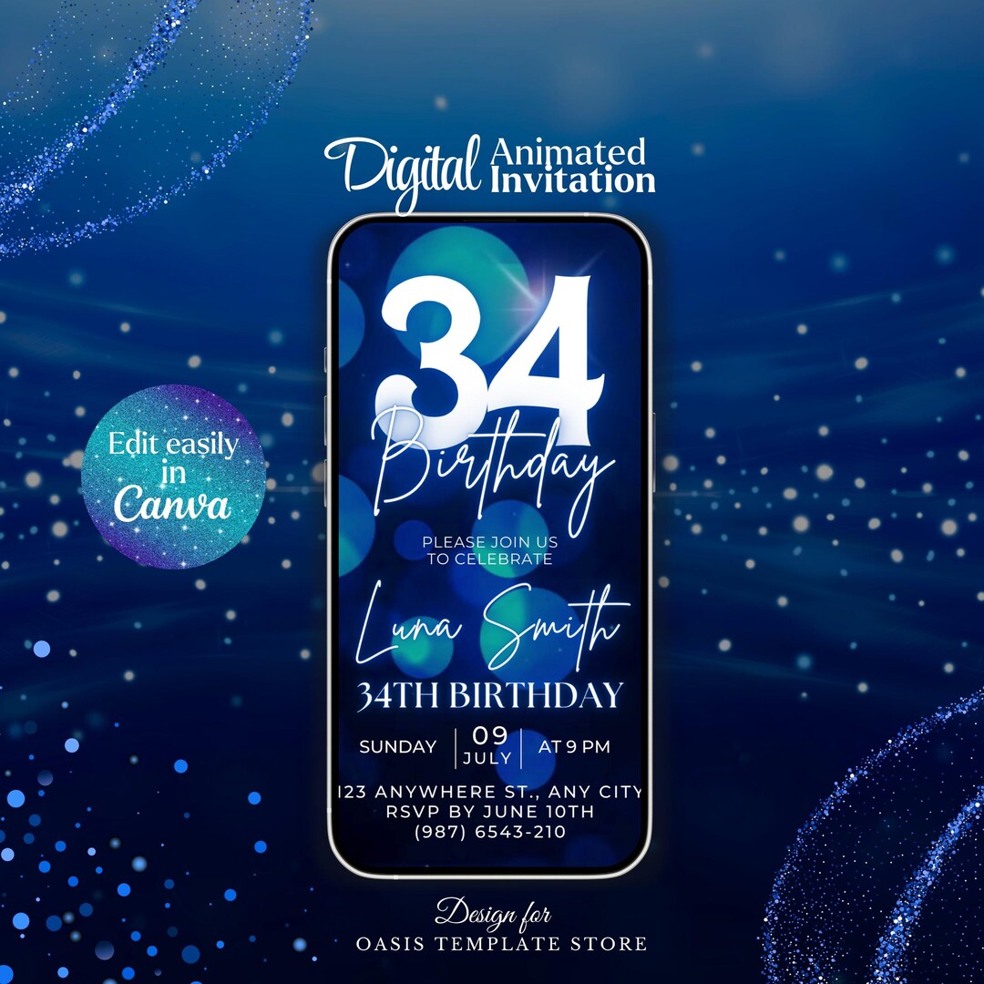 Editable 34th Birthday Invitation, Thirty Four Mobile Invitation, Blue ...